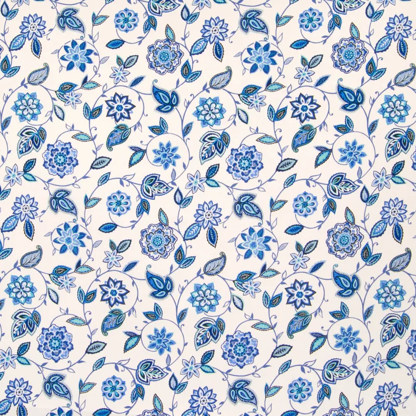 Delft Blue Floral Print Upholstery Fabric by the Yard