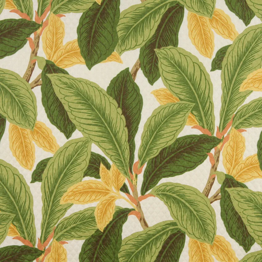 Coral and Green Large Tropical Leaf Tree Branches Upholstery Fabric