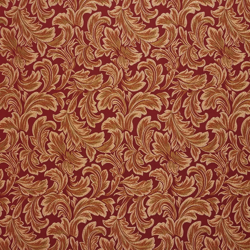 Red Burgundy and Gold Classic Acanthus Foliage Damask Upholstery Fabric