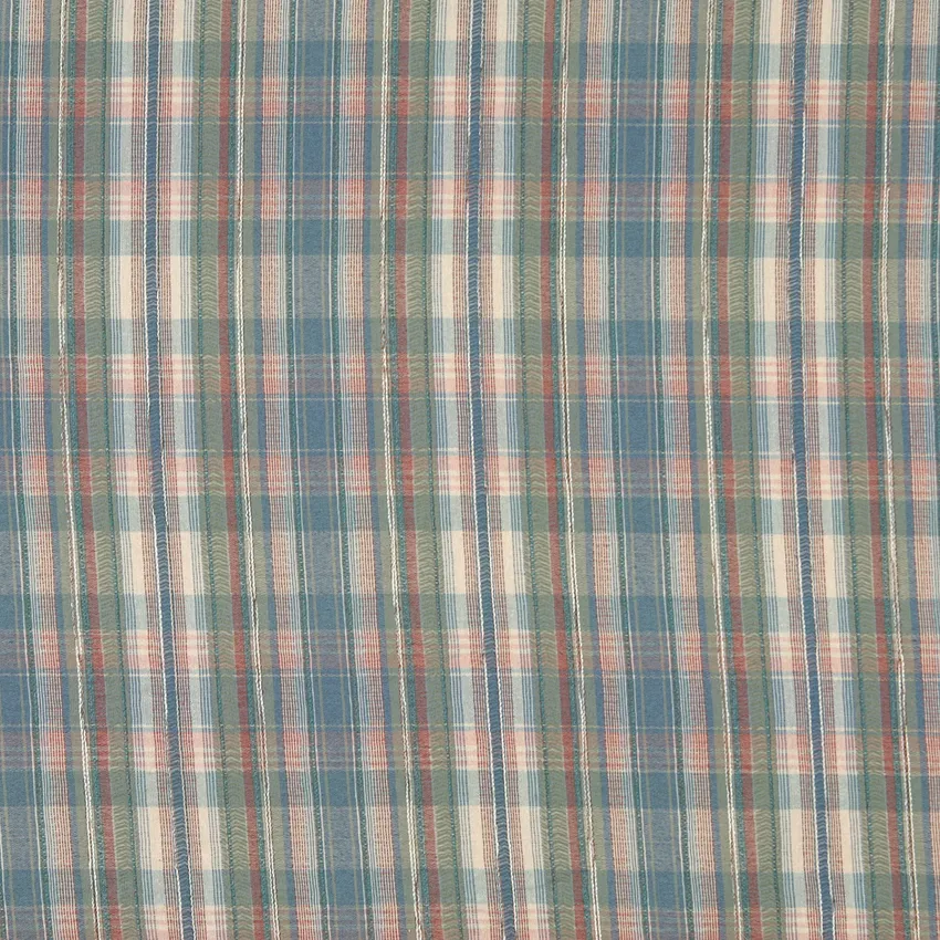 Wedgewood Light Blue and Coral Plaid Linen Upholstery Fabric by the Yard
