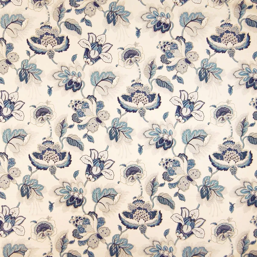Porcelain Blue Floral Print Upholstery Fabric by the Yard