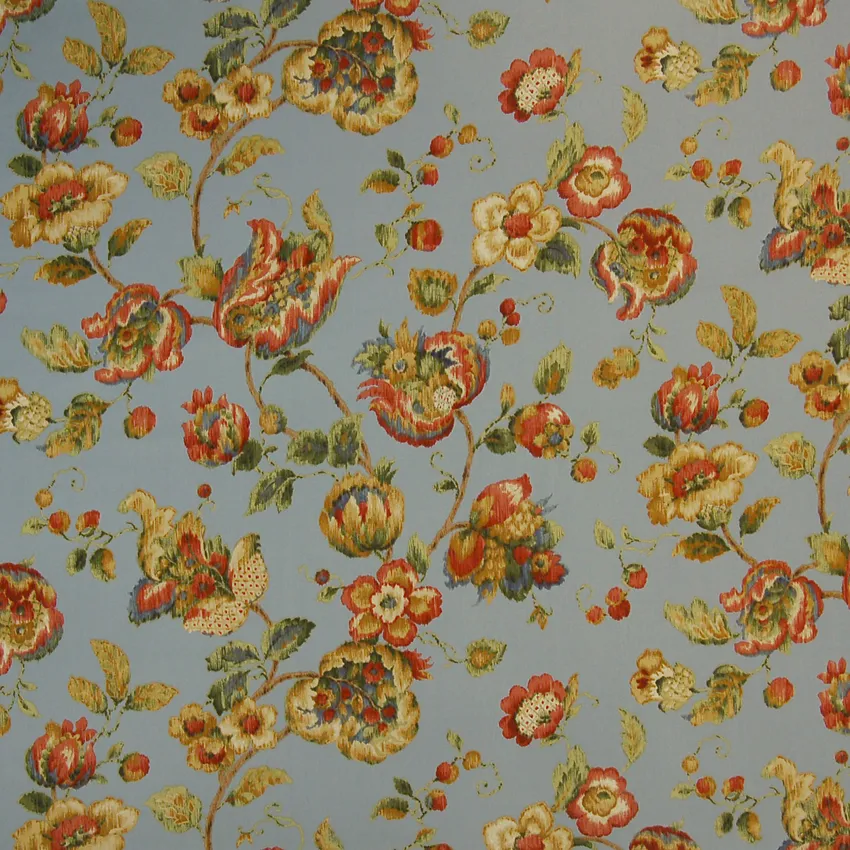 Azure Blue Floral Print Upholstery Fabric by the Yard