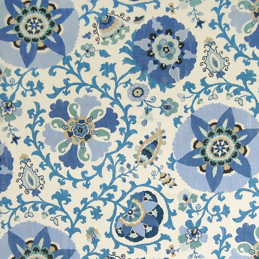 Indian Sea Blue Floral Made In USA Upholstery Fabric by the Yard