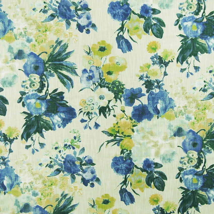 Azure Blue Floral Cotton Upholstery Fabric by the Yard