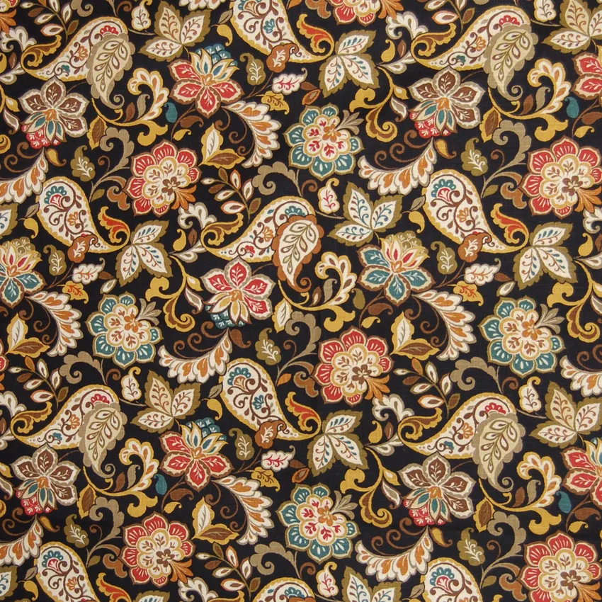 Java Black Floral Linen Upholstery Fabric by the Yard