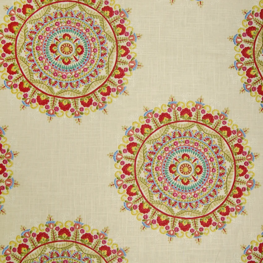 Garden Red Suzani Linen Upholstery Fabric by the Yard