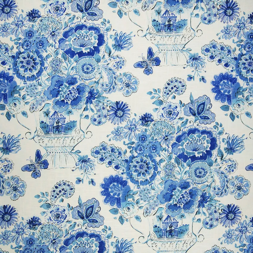 Blueberry Blue Floral Linen Upholstery Fabric by the Yard