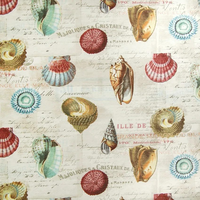 Shell Blue and Red Beach Cotton Upholstery Fabric by the Yard