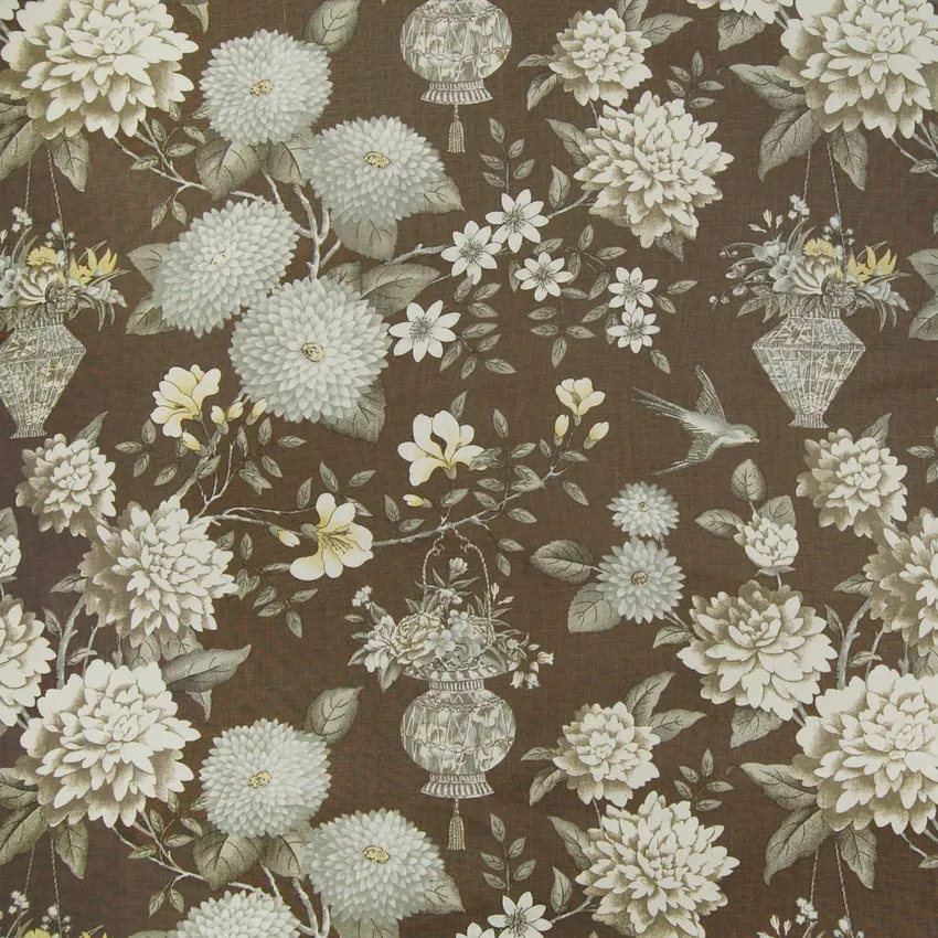 Sepia Brown Floral Linen Upholstery Fabric by the Yard