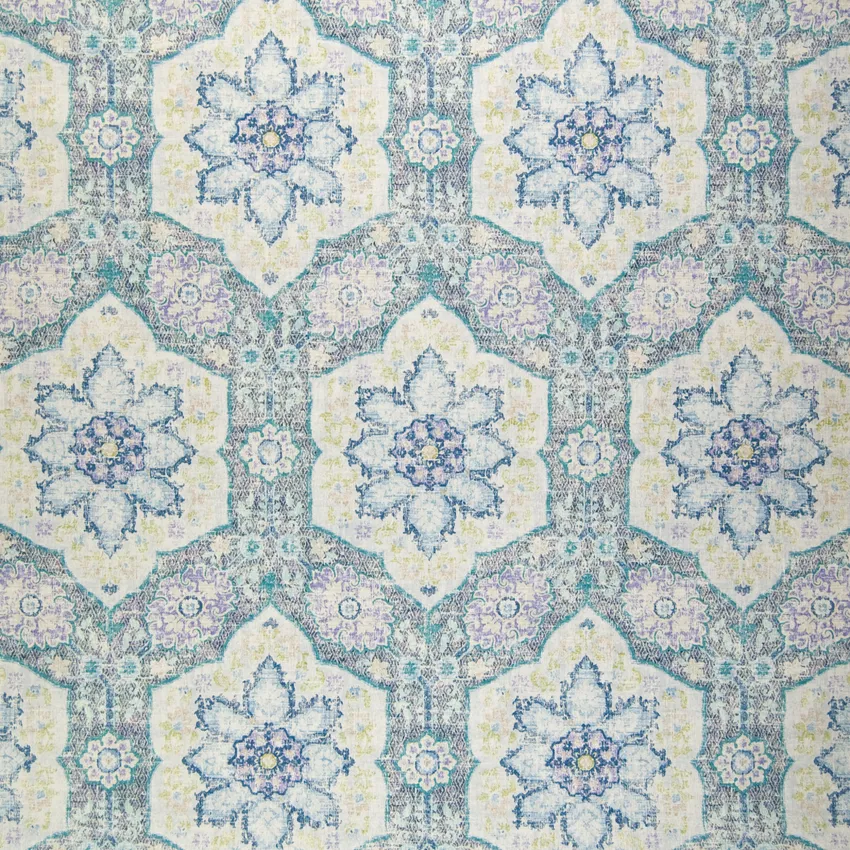 Azure Blue and Teal Medallion Cotton Upholstery Fabric by the Yard