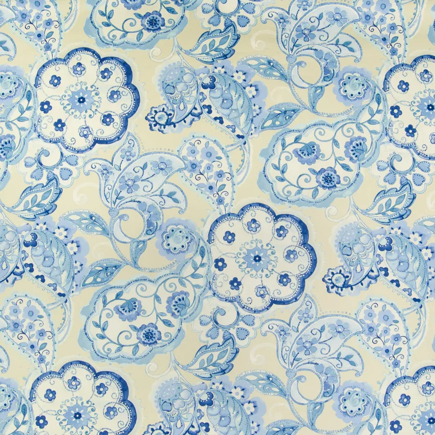 Porcelain Blue Floral Print Upholstery Fabric by the Yard