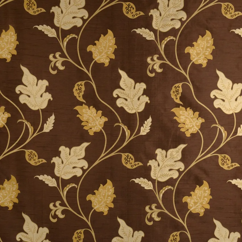Chocolate Brown Jacquard Pattern Leaves Faux Silk Drapery and ...