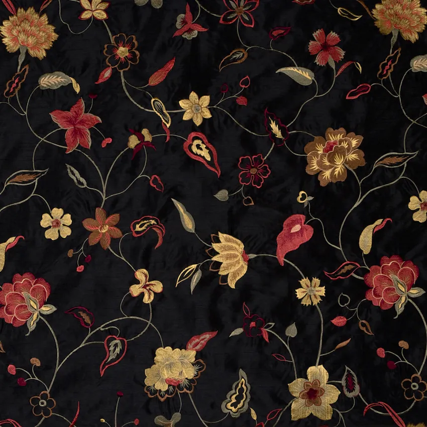 Jet Black Embroidery Floral Crewels Drapery and Upholstery Fabric by ...