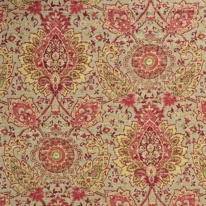 Linen Red Traditional Print Upholstery Fabric by the Yard