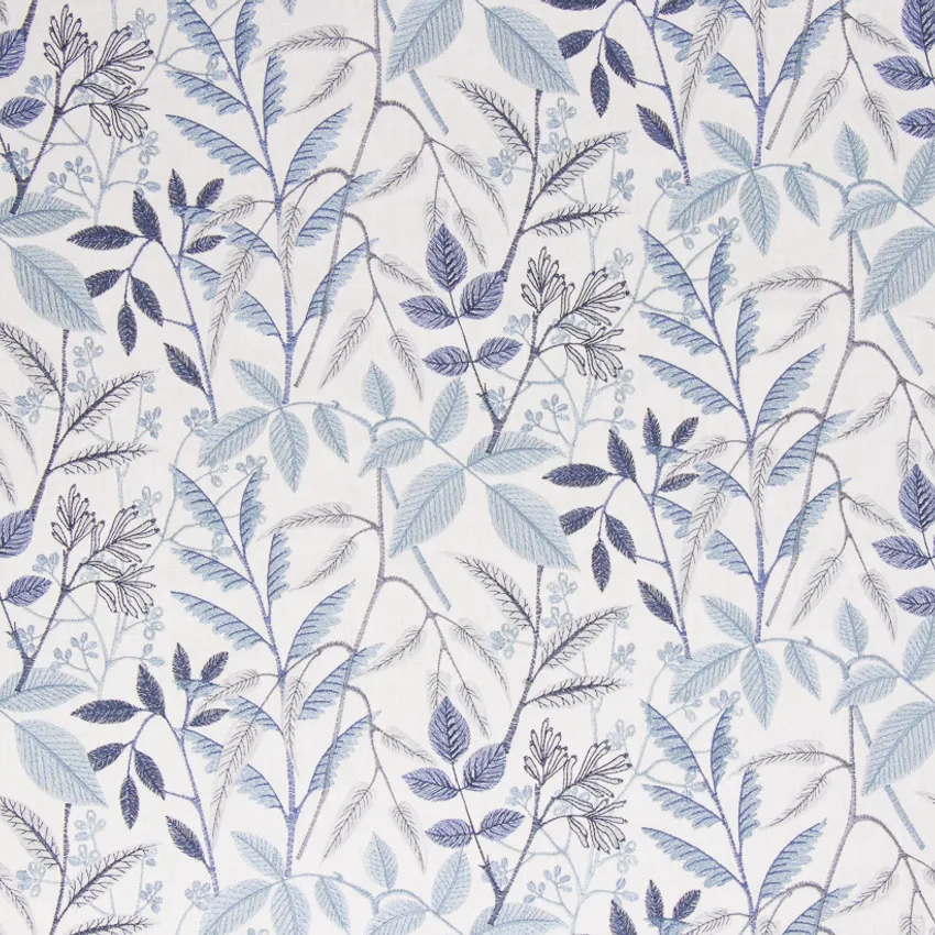 Cornflower Blue Foliage Embroidery Upholstery Fabric by the Yard